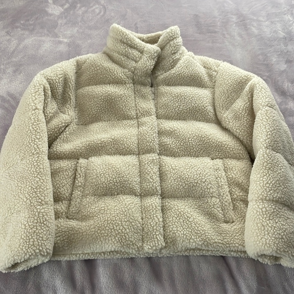 Cream Fuzzy Puffer Jacket With Snap Buttons - Gem